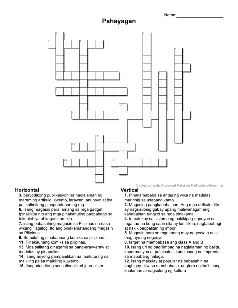 Pahayagan Crossword Puzzle: Media & Communication in Filipino