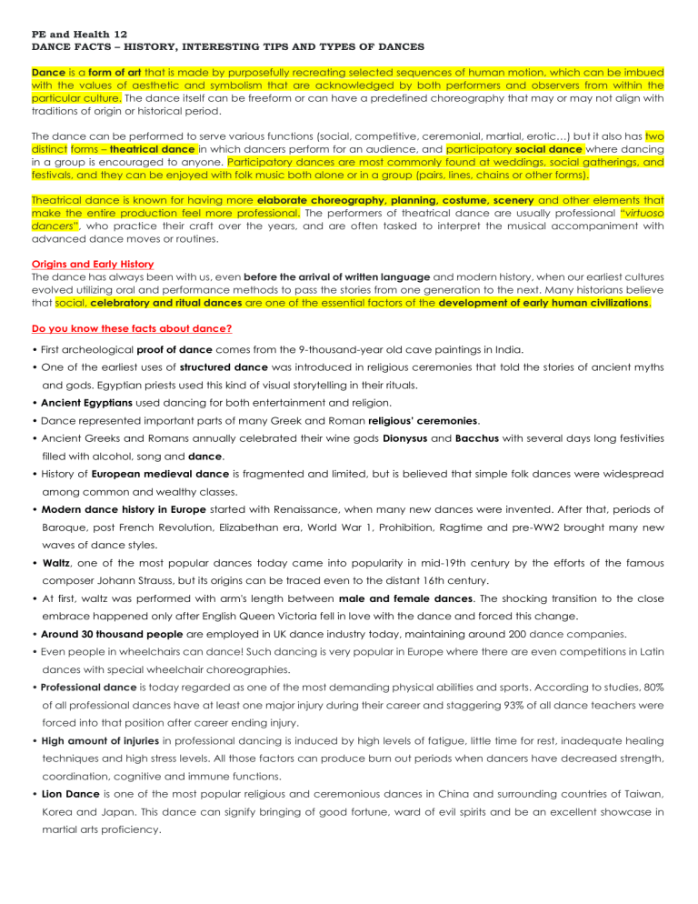 Dance History, Facts & Types - PE Lesson