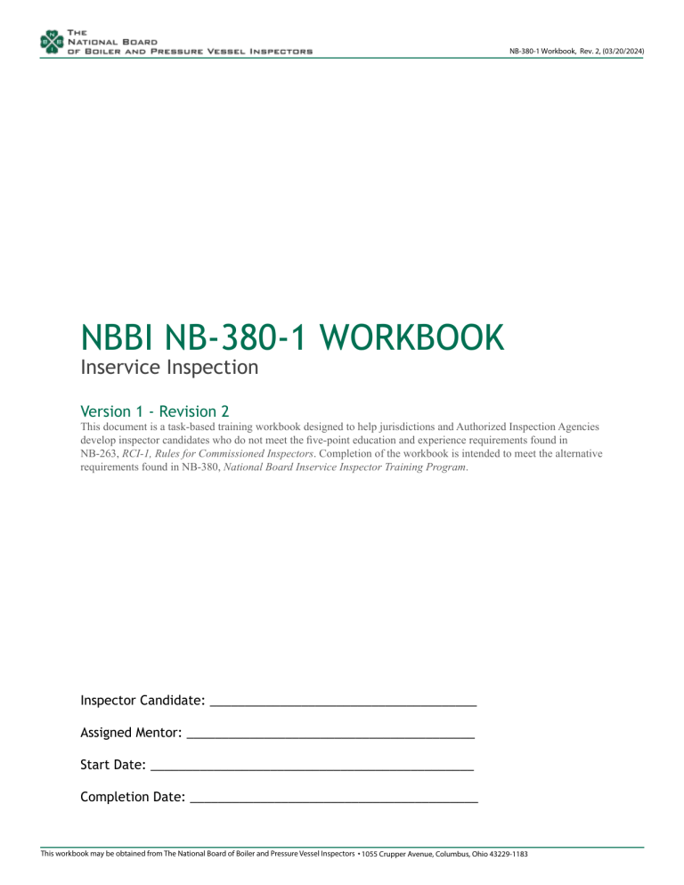 NBBI NB-380-1 Inservice Inspector Training Workbook - Rev. 2 (2024)