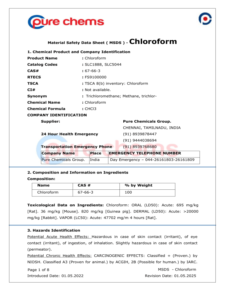 Chloroform MSDS: Safety Data, Hazards, First Aid & Exposure Limits
