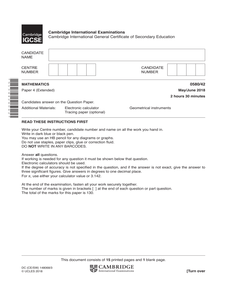 Cambridge IGCSE Maths Paper 4 Extended May/June 2018