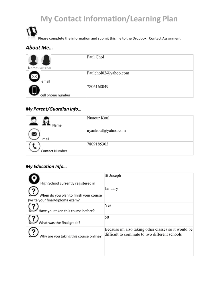 Student Learning Plan & Contact Information
