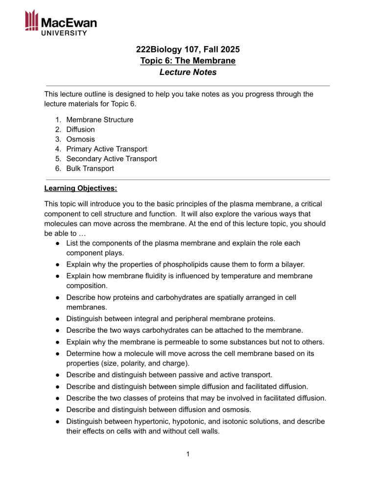Biology 107 Lecture Notes: Cell Membrane Structure & Transport