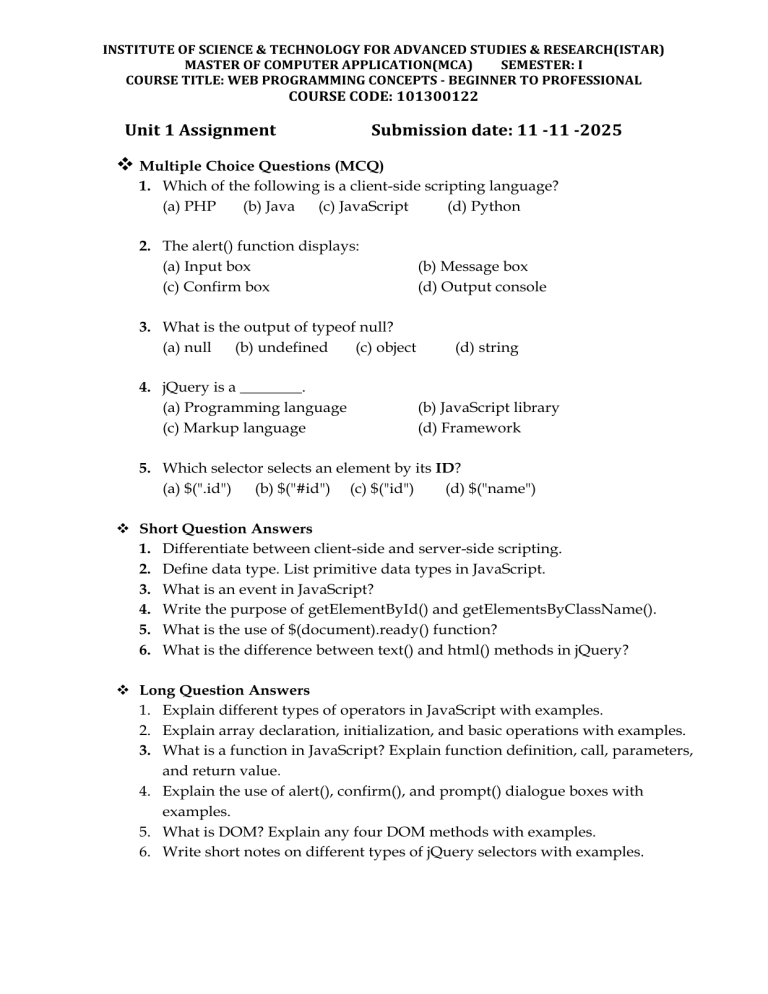 Web Programming Concepts Assignment: JavaScript, jQuery