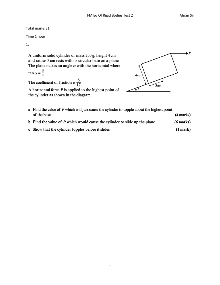 FM Eq Of Rigid Bodies Test 2: Cylinder Equilibrium & Friction Problem