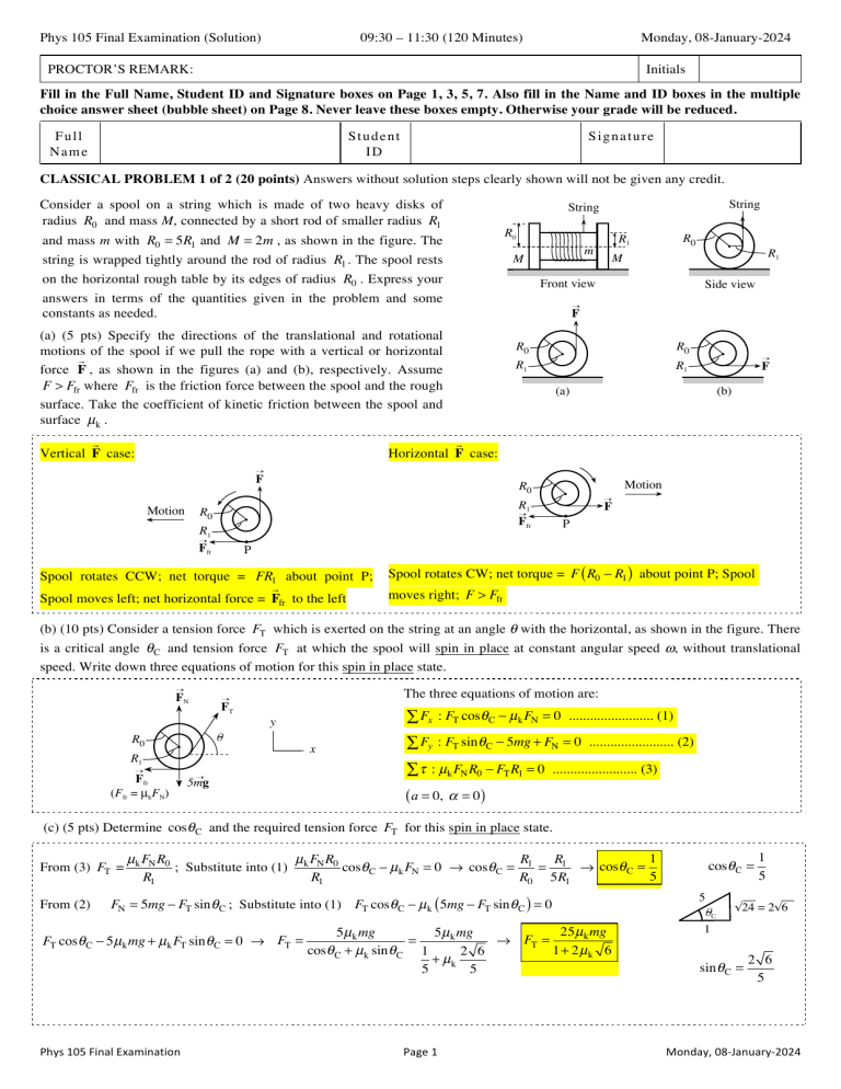 Phys 105 Final Exam Solution: Mechanics Problems