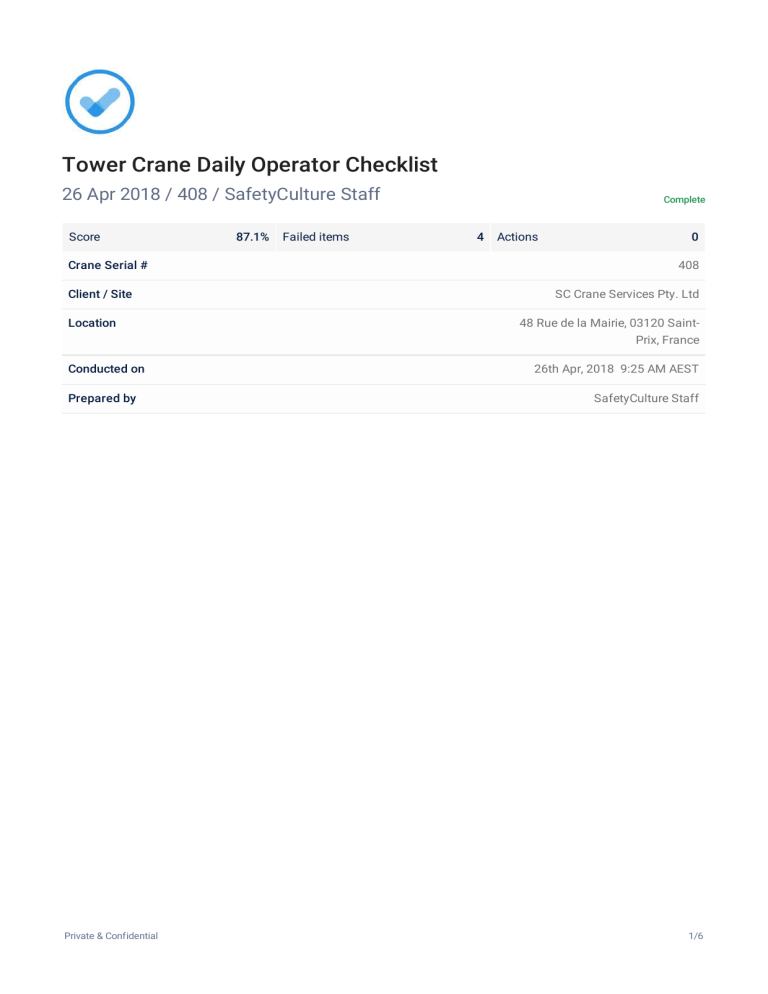 Tower Crane Daily Operator Checklist | Safety Audit Report 2018