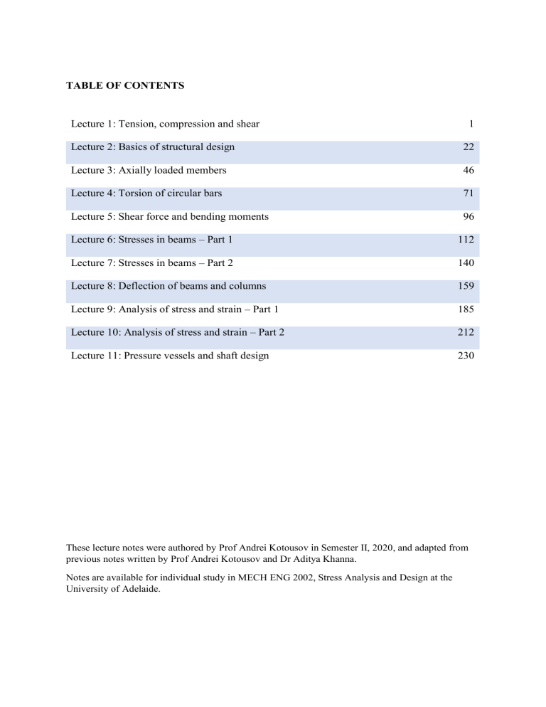 Stress Analysis and Design Lecture Notes | University of Adelaide