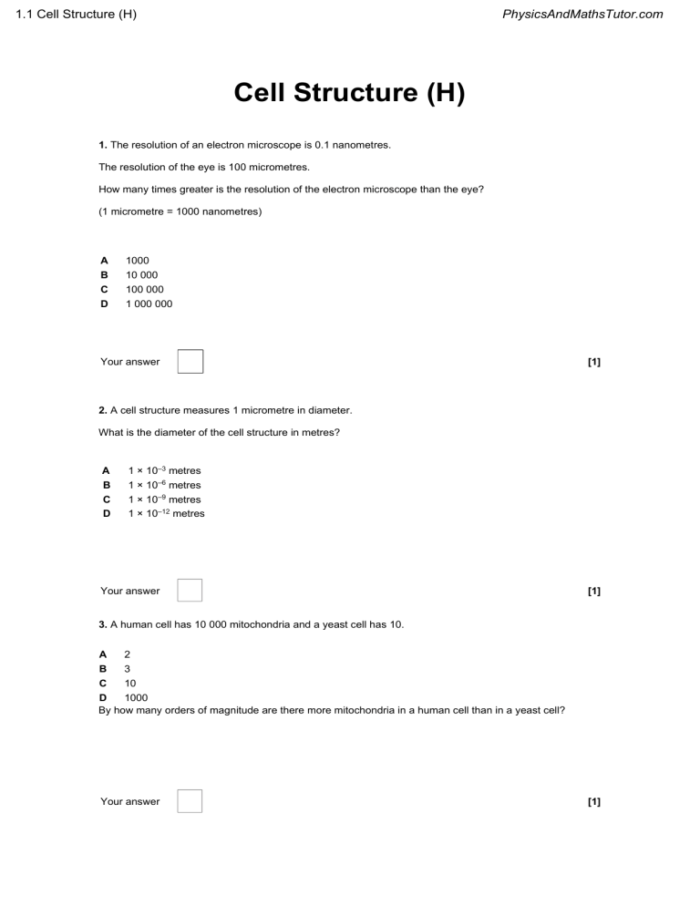 Cell Structure Exam Paper (High School Biology)