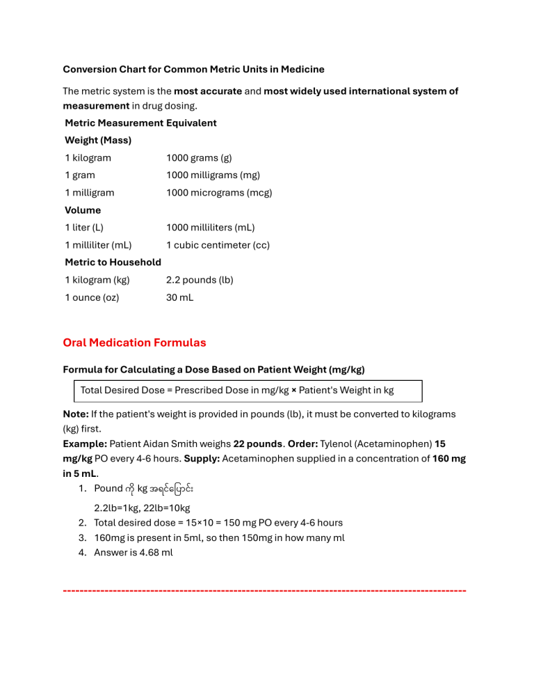 Medical Metric Conversion Chart & Formulas