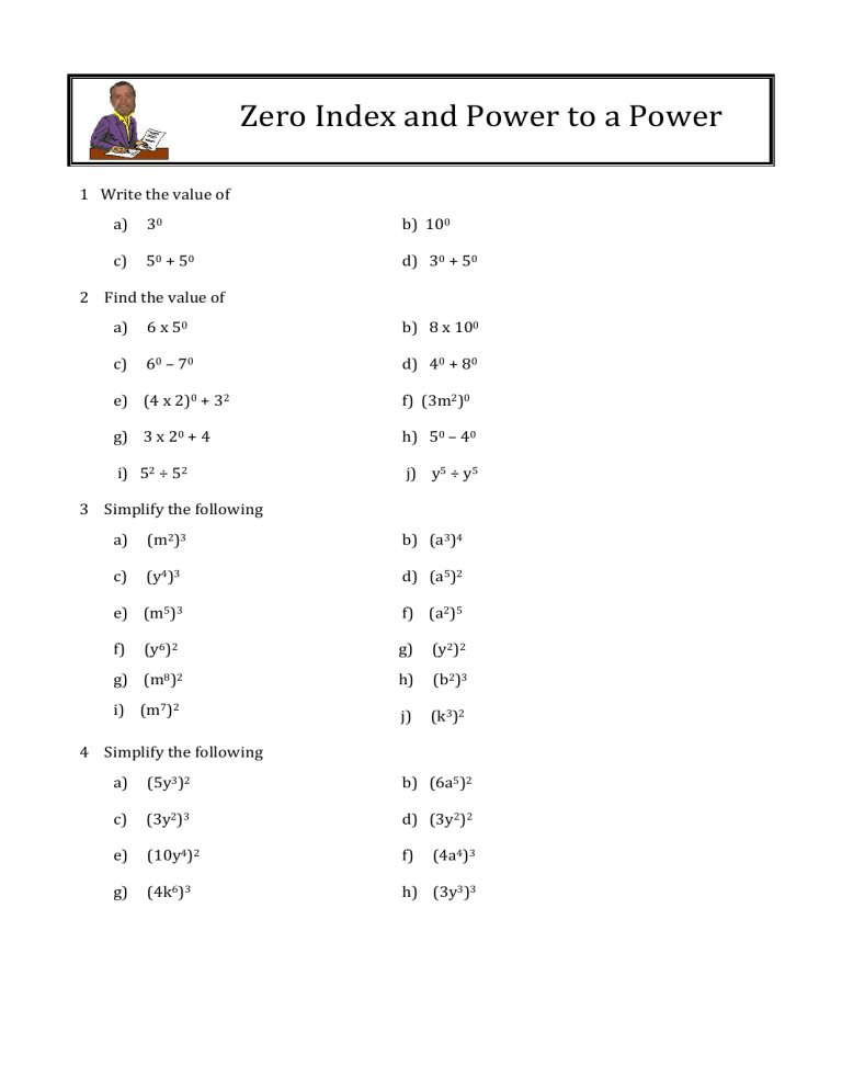 Zero Index & Power Rules Worksheet