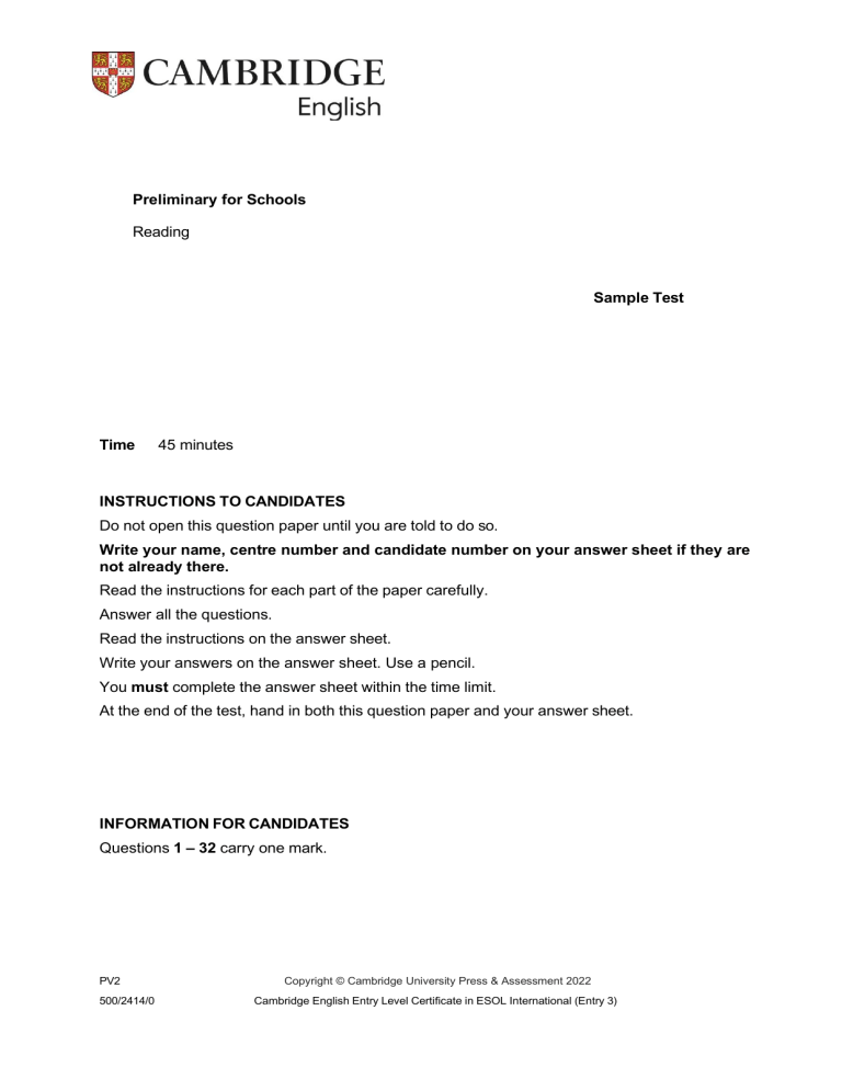 Cambridge English Preliminary for Schools Reading Sample Test