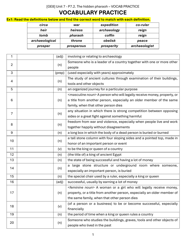 Ancient Egypt Vocabulary Worksheet: Pharaohs & Tombs