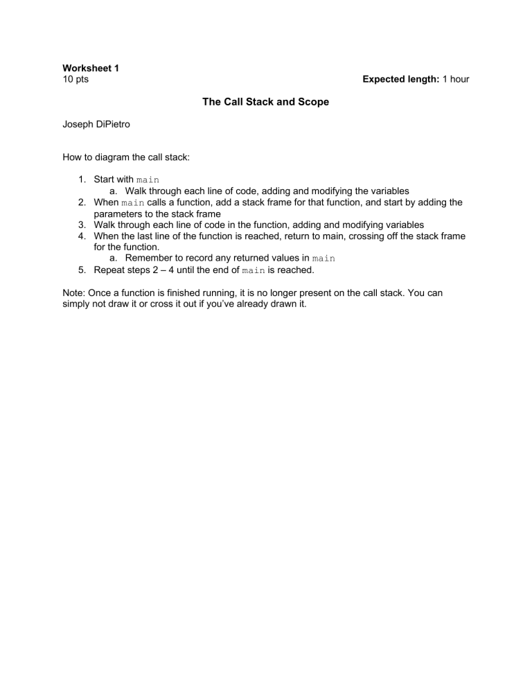 Call Stack and Scope Worksheet: Diagramming and Scope Identification