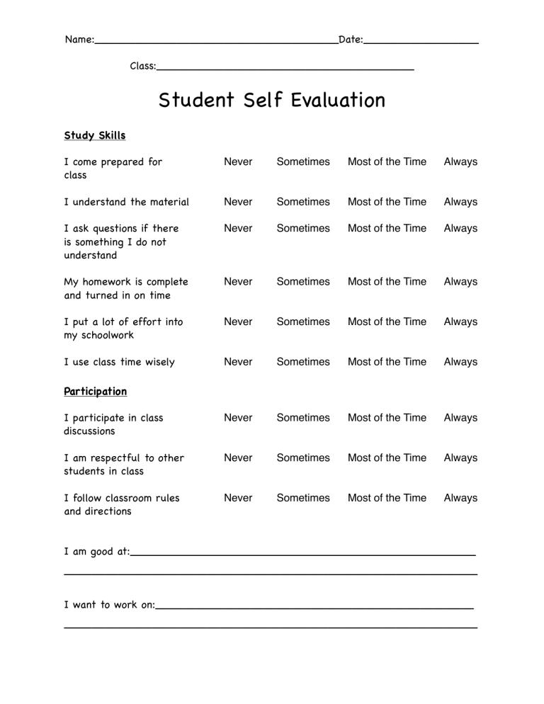 Student Self Evaluation Form: Study Skills & Classroom Participation