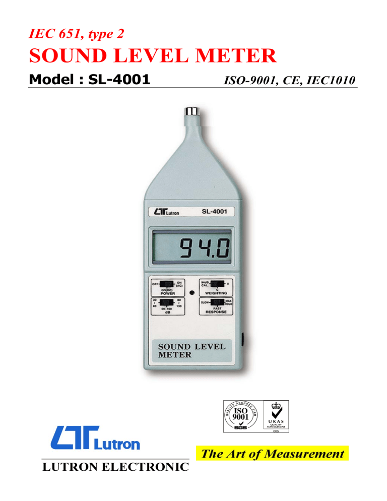 Lutron SL-4001 Digital Sound Level Meter: IEC 651 Type 2 Specs