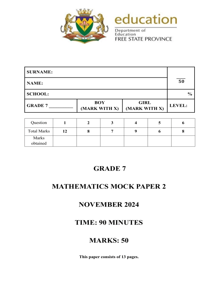 Grade 7 Mathematics Mock Paper 2 November 2024