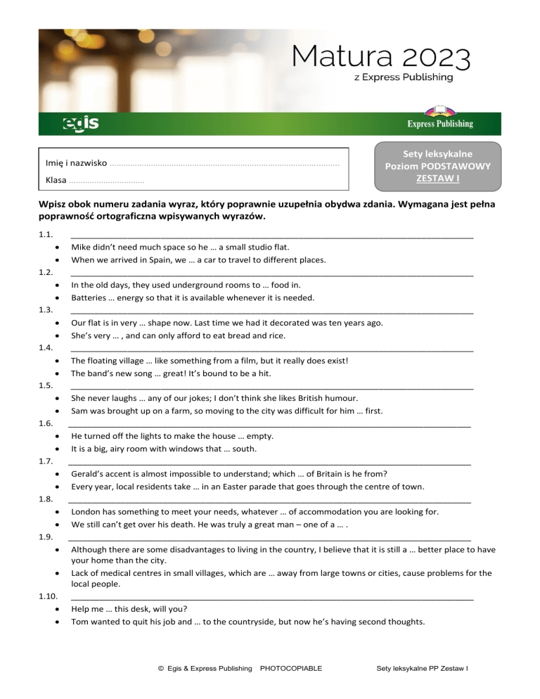 Matura 2023 English Lexical Sets - Basic Level Exercise Sheet I