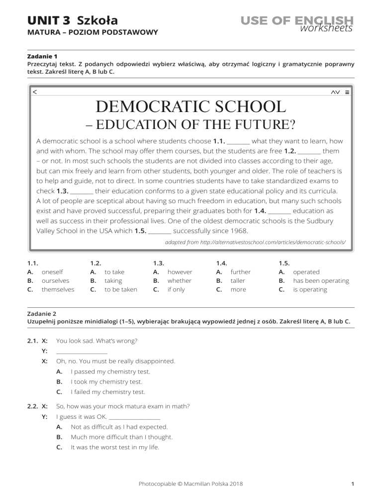 English Matura Basic Level Worksheet: Grammar, Vocabulary, Reading