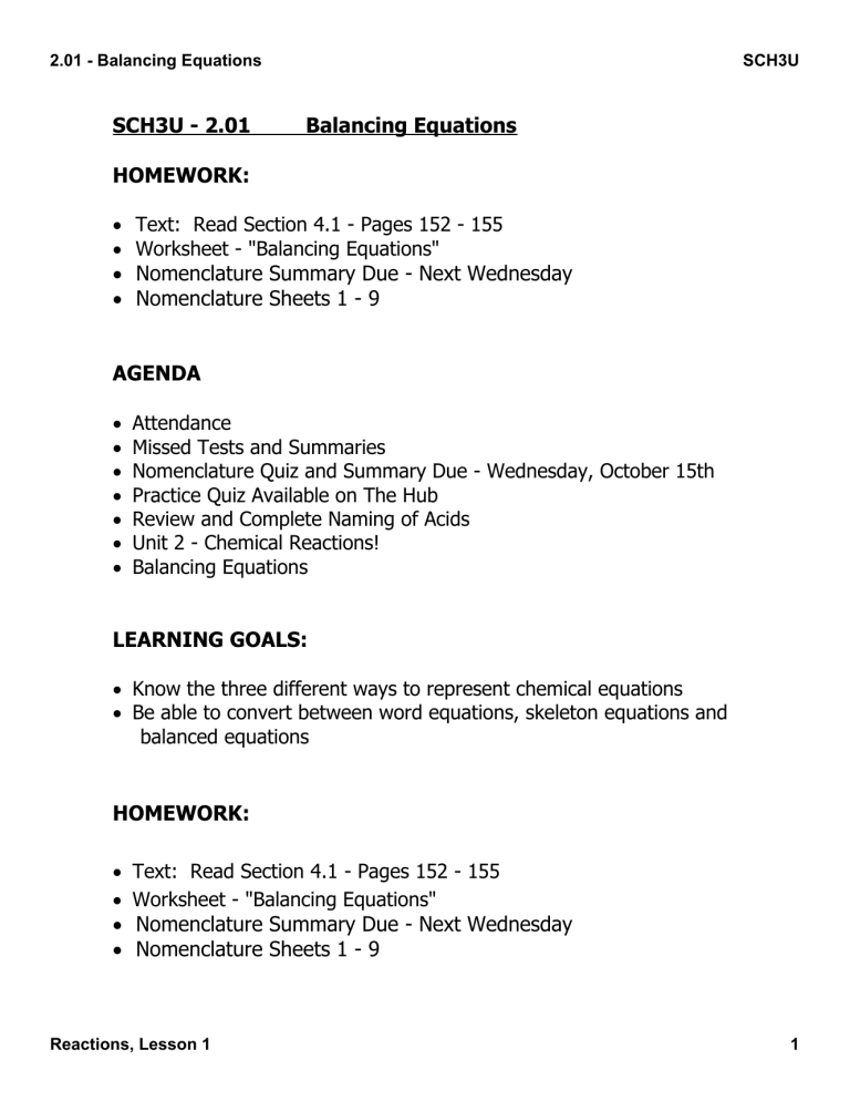 Balancing Chemical Equations & Acid Nomenclature - SCH3U Chemistry