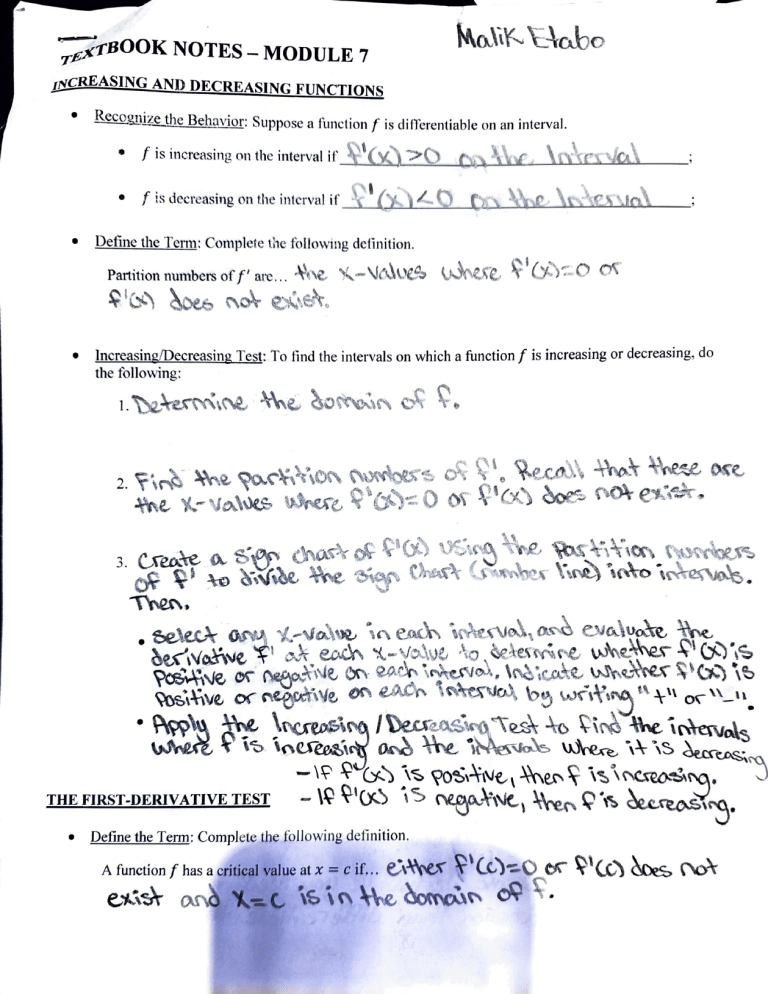 Calculus Notes: Increasing/Decreasing Functions & Derivatives