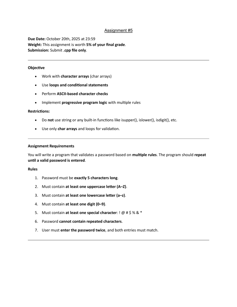 C++ Password Validation Assignment: Char Arrays & Loops