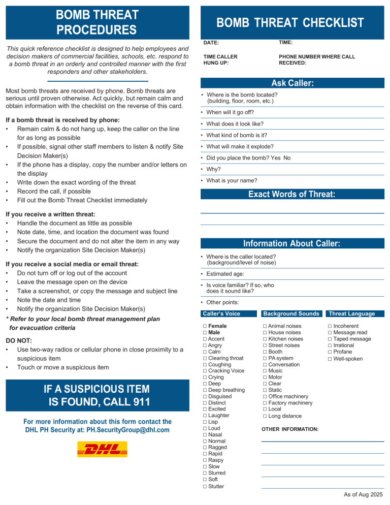Bomb Threat Checklist: Procedures & Information Gathering