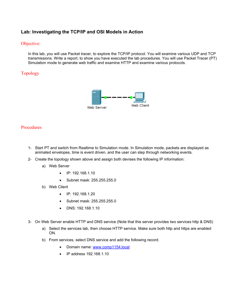 TCP/IP & OSI Models Packet Tracer Lab: Networking Protocols in Action