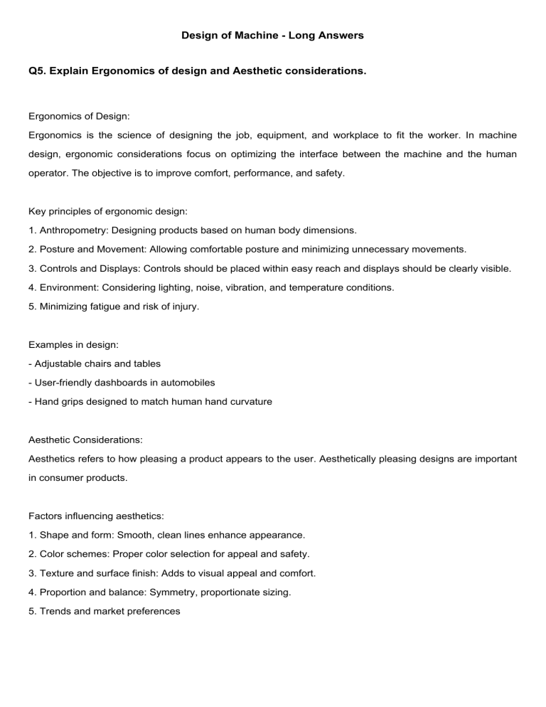 Machine Design: Ergonomics, Aesthetics & Spur Gear Design Procedure