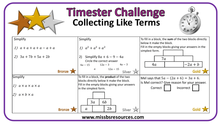 Collecting Like Terms: Algebra Worksheet
