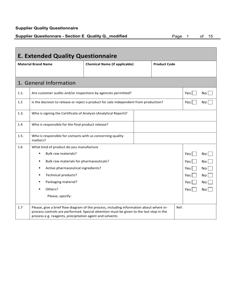 Supplier Quality Questionnaire - Section E