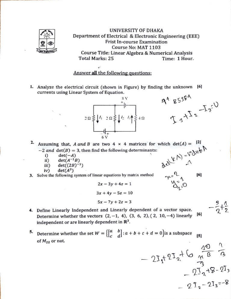 Linear Algebra & Electricity Exam - Dhaka University EEE