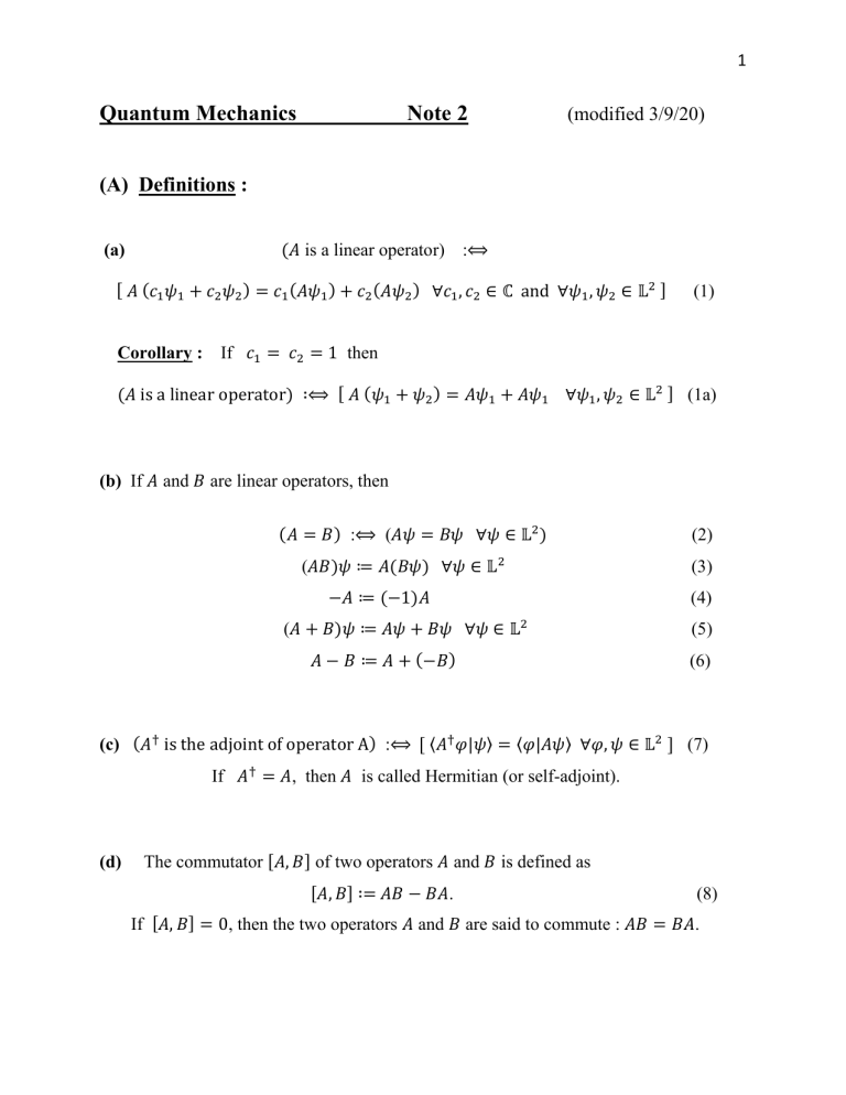 Quantum Mechanics Note 2: Operators & Theorems