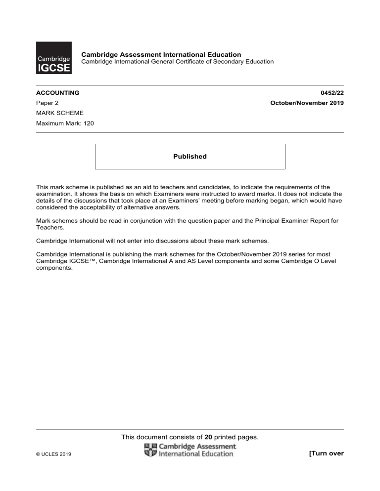 IGCSE Accounting 0452/22 Mark Scheme: Oct/Nov 2019