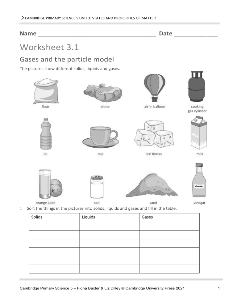 States of Matter Worksheet: Primary Science Grade 5