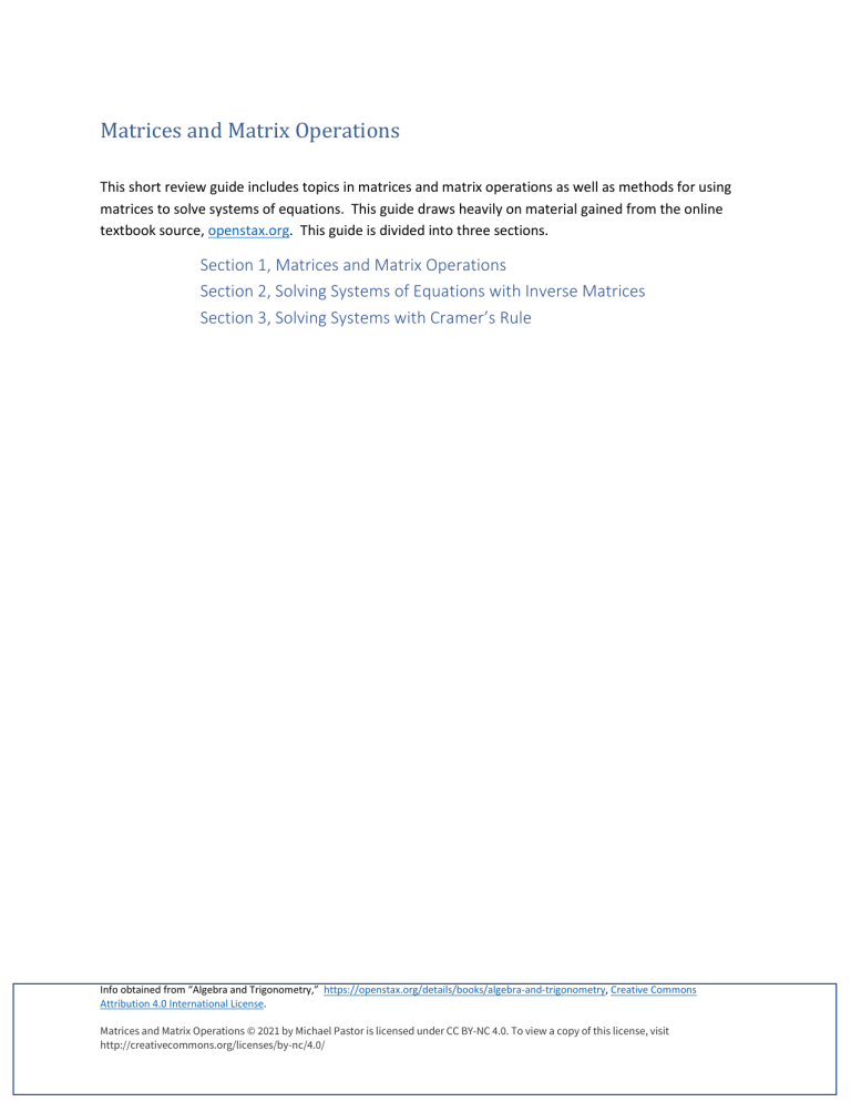 Matrices & Matrix Operations: Solving Systems with Inverse & Cramer's Rule