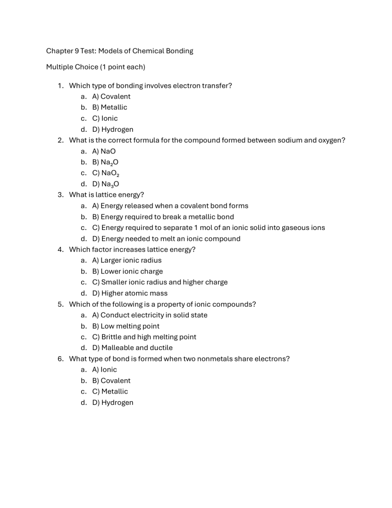 Chemical Bonding Test: Models & Properties