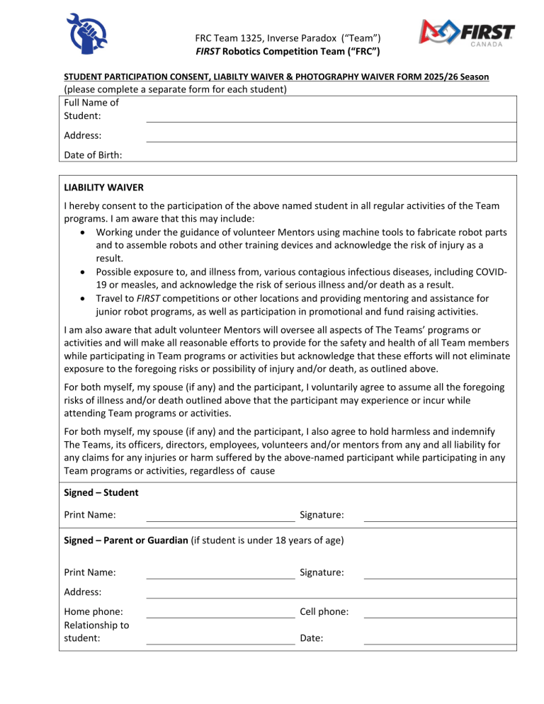 FRC Team 1325 Student Consent & Liability Waiver 2025/26