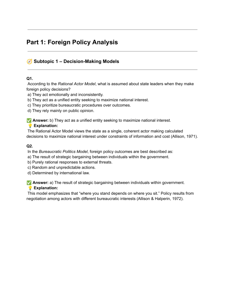 Foreign Policy Analysis Quiz: Decision-Making, National Interest & Power