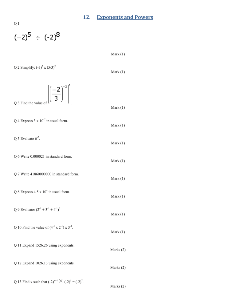 Exponents and Powers Worksheet - Middle School Math