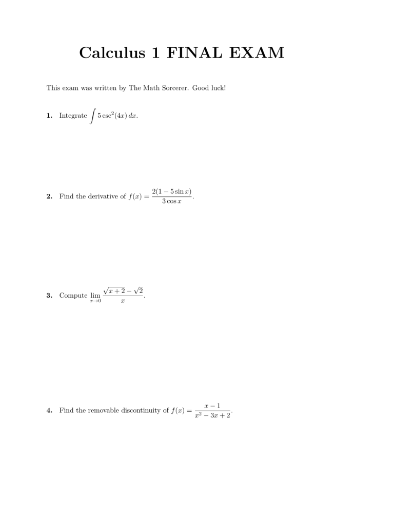 Calculus 1 Final Exam - Practice Questions