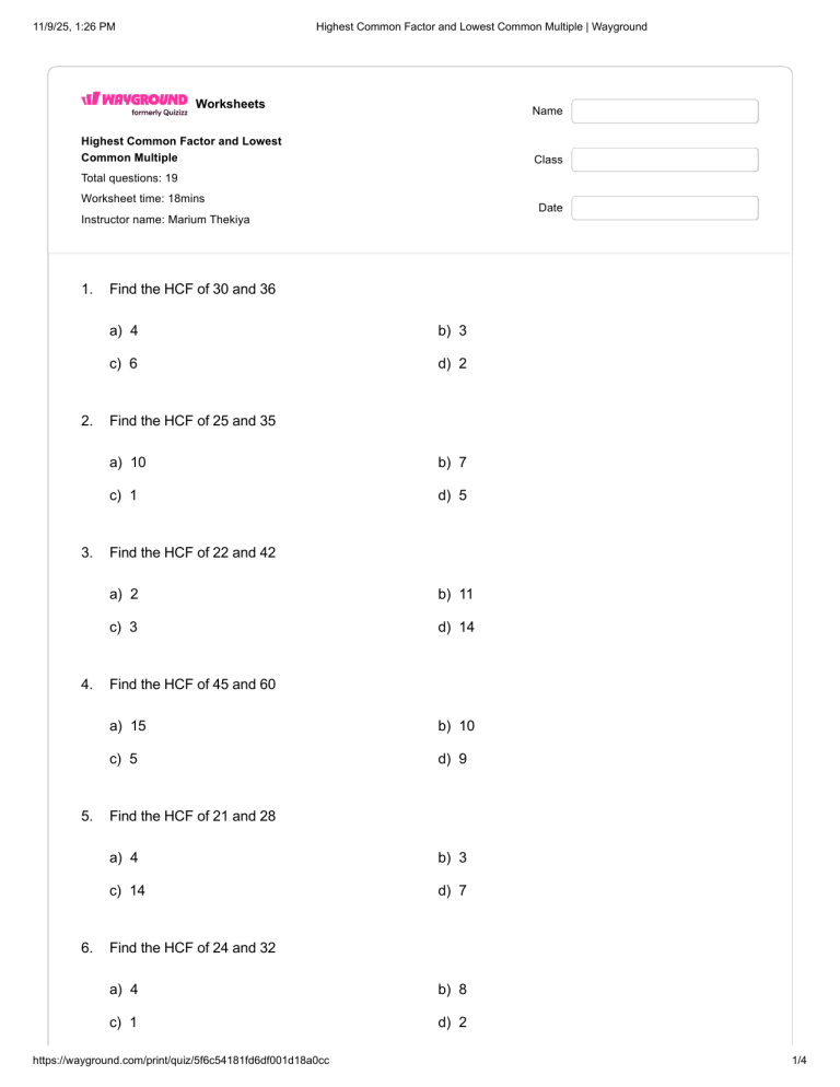 HCF and LCM Math Worksheet | Highest Common Factor & Lowest Common Multiple