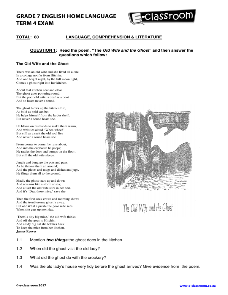 Grade 7 English Exam: Poetry, Comprehension & Grammar