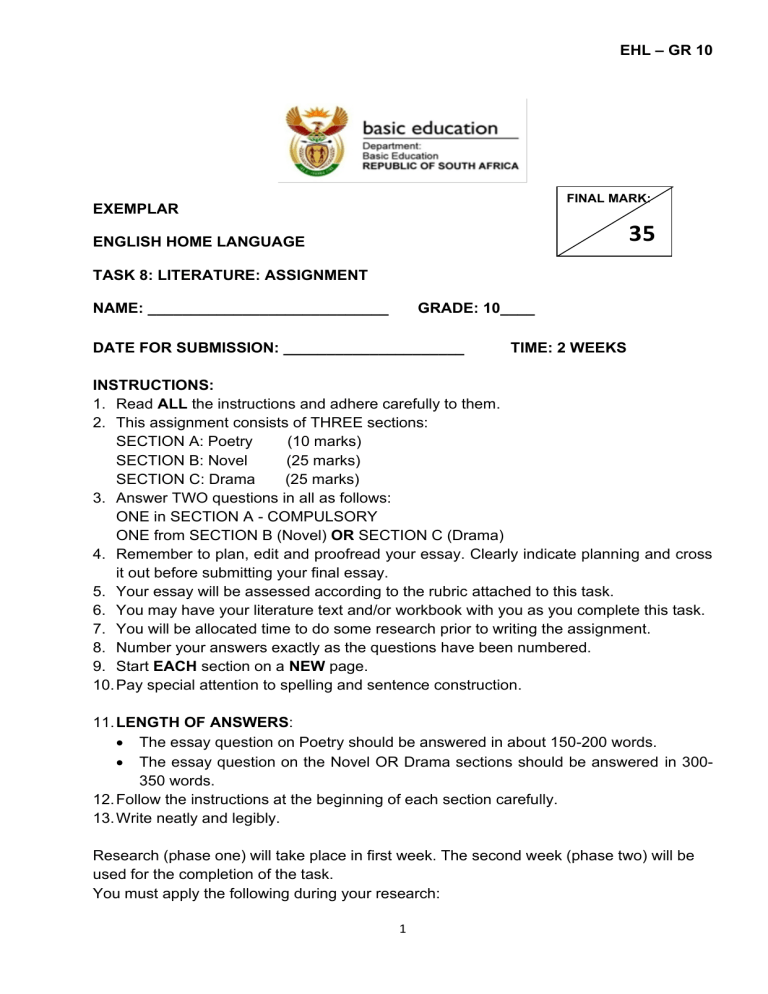 Grade 10 English Literature Assignment: Poetry, Novel, Drama