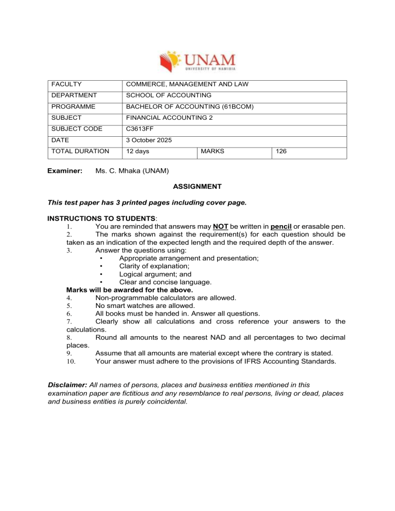 UNAM Financial Accounting 2 Assignment - 3 October 2025 (126 Marks)