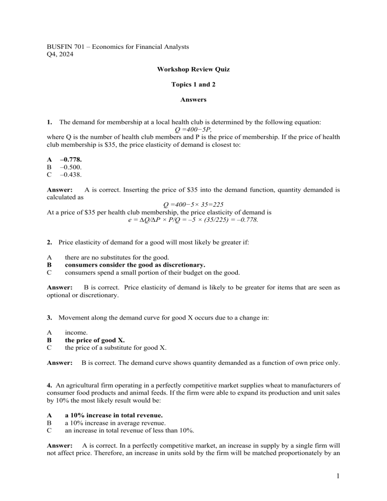 Economics for Financial Analysts: Workshop Review Quiz & Answers