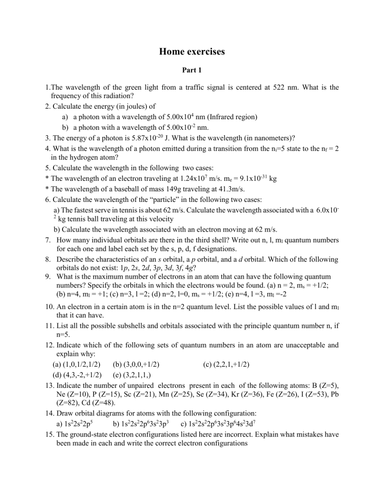 Chemistry Home Exercises: Quantum Mechanics, Bonding & MO Theory