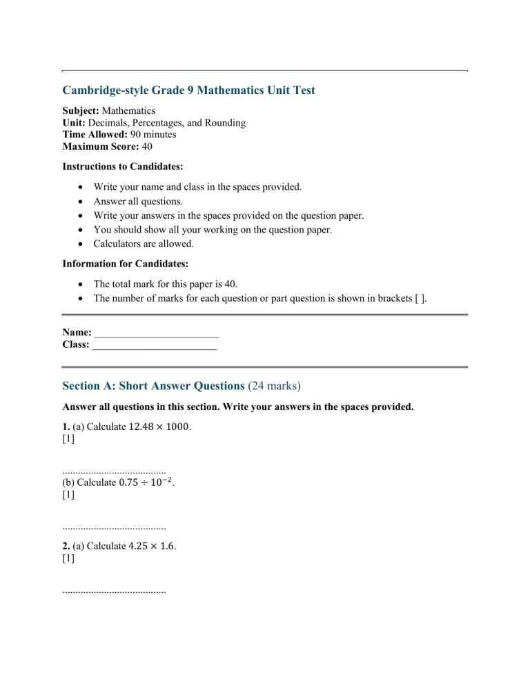 Grade 9 Mathematics Unit Test: Decimals, Percentages, Rounding