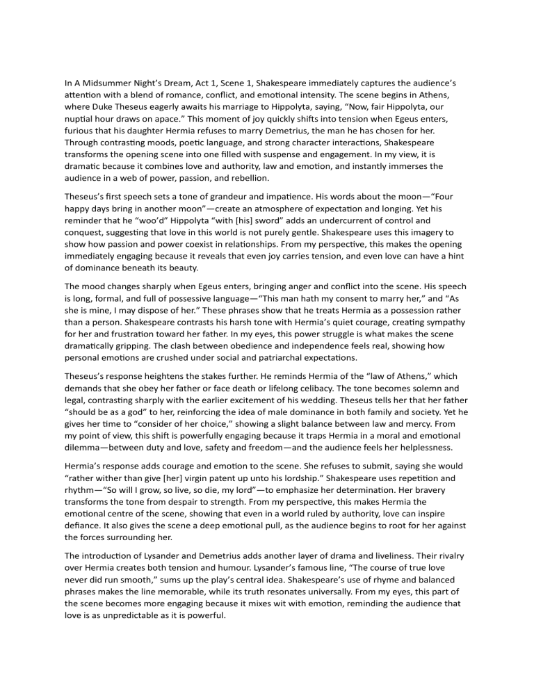 A Midsummer Night's Dream Act 1 Scene 1 Analysis: Love, Conflict, Power