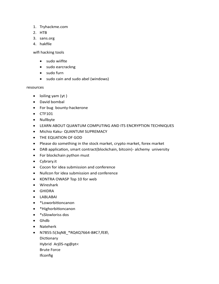 Cybersecurity & Hacking Learning Resources: Tools, Platforms, Concepts